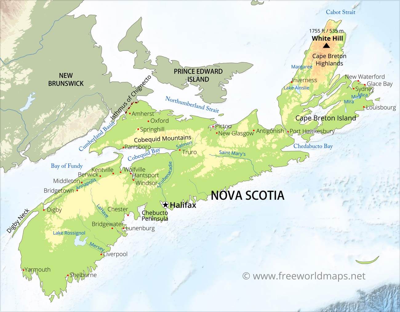 Physical Map Of Nova Scotia Physical Map Of Nova Scotia