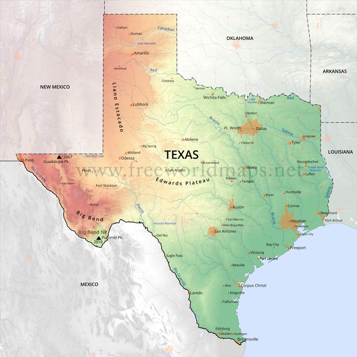 Texas physical map in high resolution
