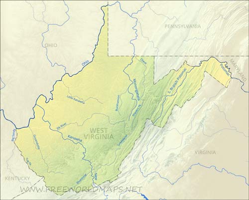 Physical map of West Virginia